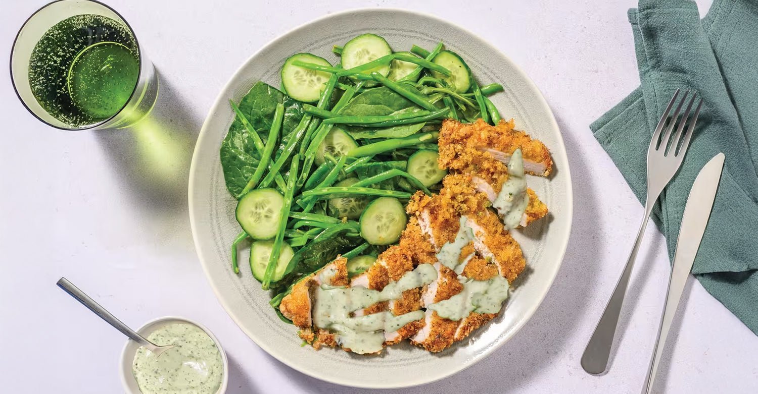 HelloFresh's Herby Chicken Schnitzel & Pea Pod Salad with Creamy Pesto ...